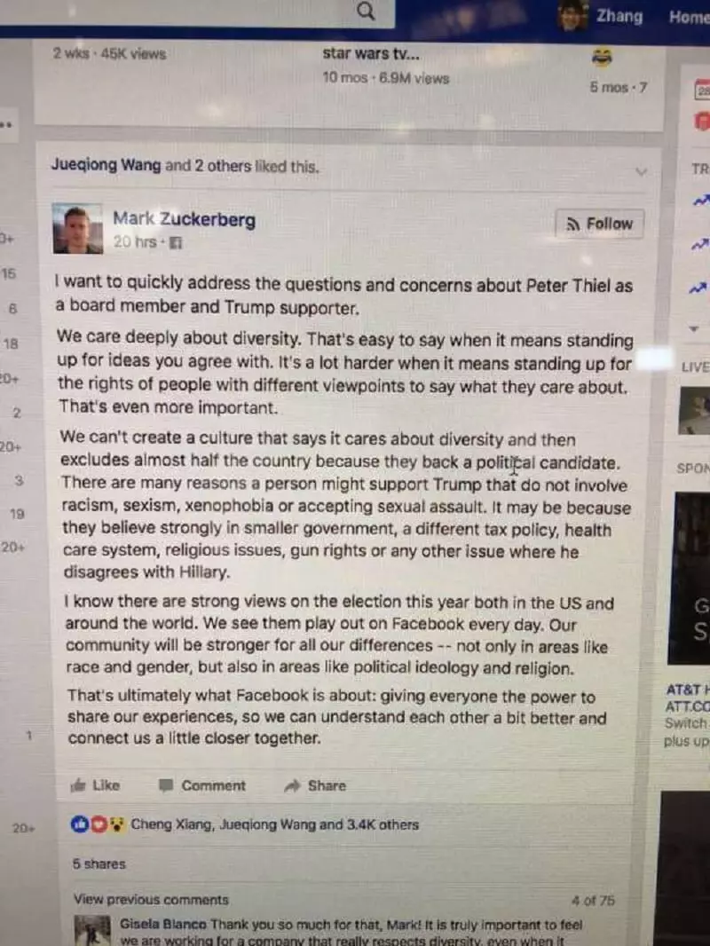 Ang leaked memo nagpakita nga si Mark Zuckerberg nagdepensa sa katungod ni Peter Thiel nga suportahan si Trump 41709_1