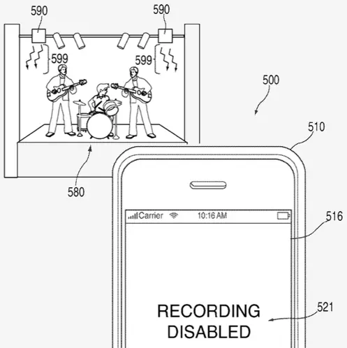 Apple huet Patent fir Technologie ausgezeechent, déi iPhones verhënneren datt Fotoen / Vids op ausgewielte Plazen erfaassen 42087_1