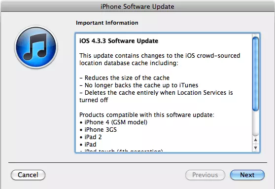 Apple લોકેશન ટ્રેકિંગ ફિક્સ સાથે iOS 4.3.3 રિલીઝ કરે છે 62415_1